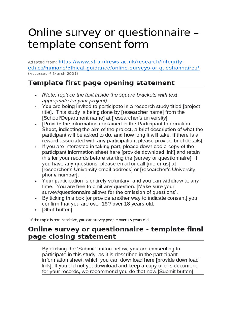 Online Surveys or Questionnaires Template Consent Form | PDF