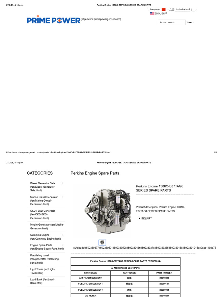 Perkins Engine 1306C Spare Parts | PDF | Piston | Mechanical Engineering