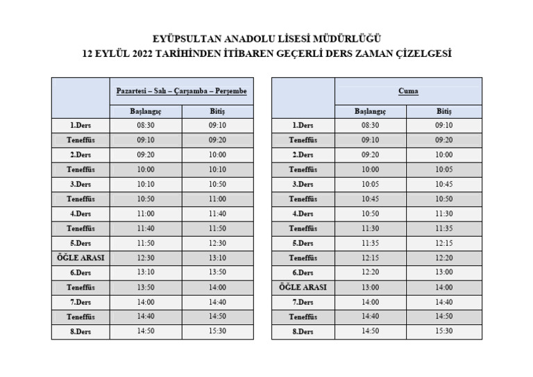 2022 Eylul Ders Zaman Cizelgesi | PDF