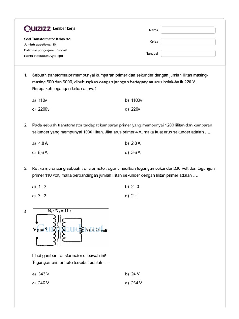 Soal Transformator Kelas 9-1 - Quizizz | PDF