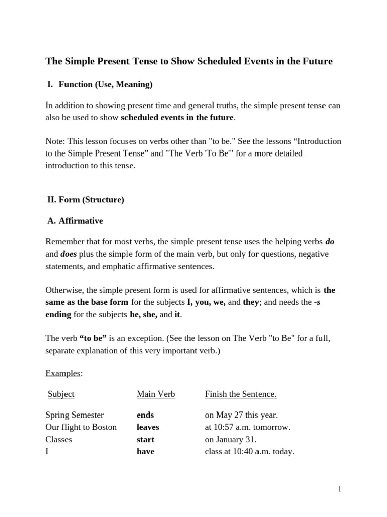Simple Present Tense to Show Scheduled Events in the Future | PDF ...