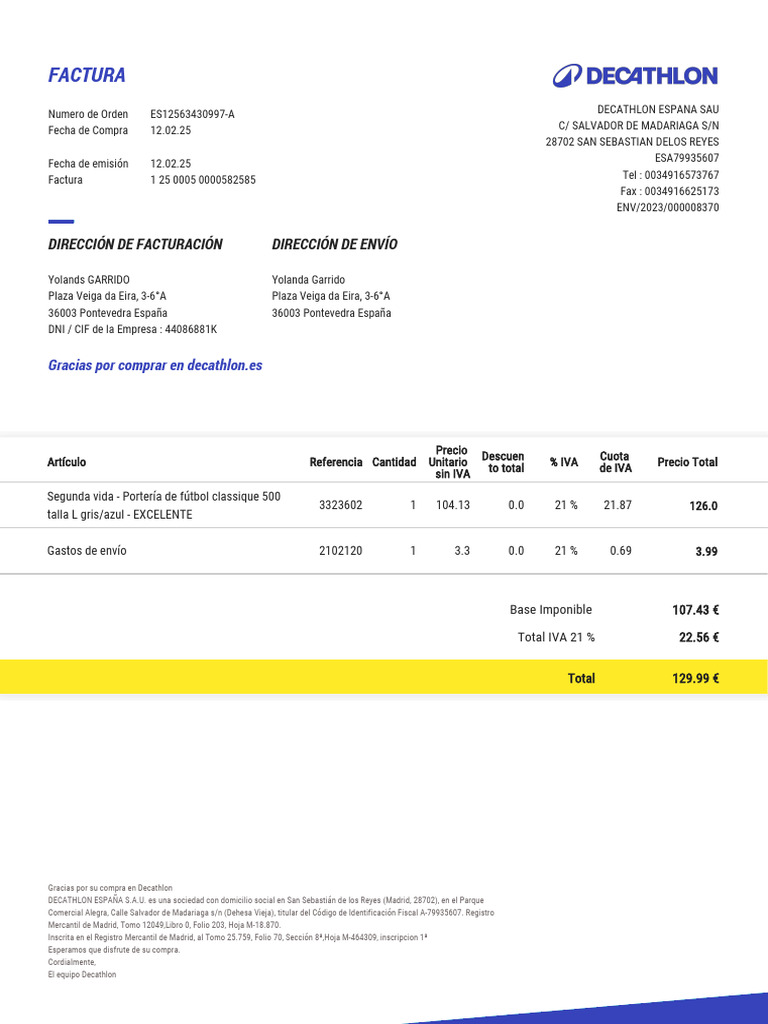 Decathlon Invoice Es12563430997 A | PDF