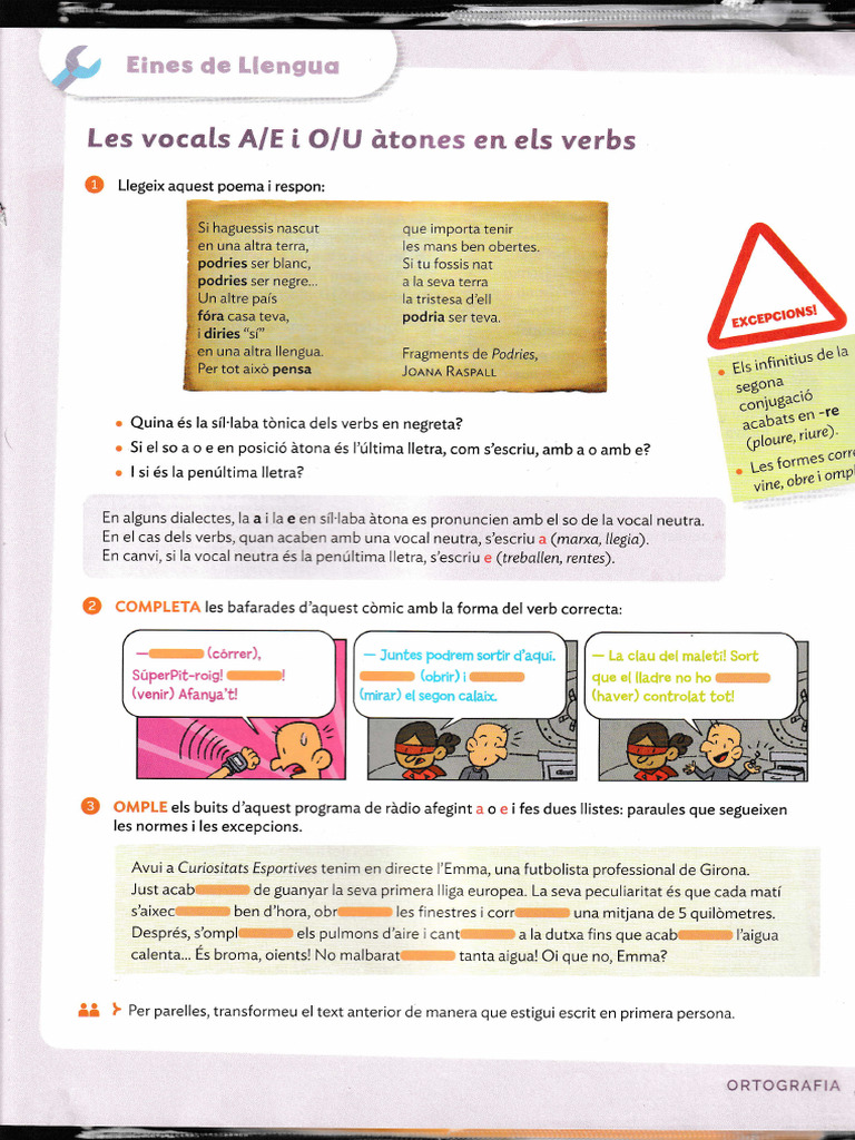 Catala 6e Les Vocals AE I OU Àtones en Els Verbs | PDF