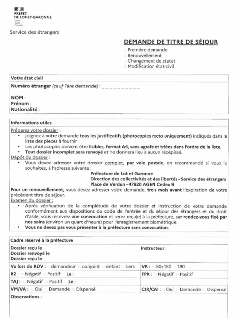 Formulaire de Demande de Titre de Séjour | PDF
