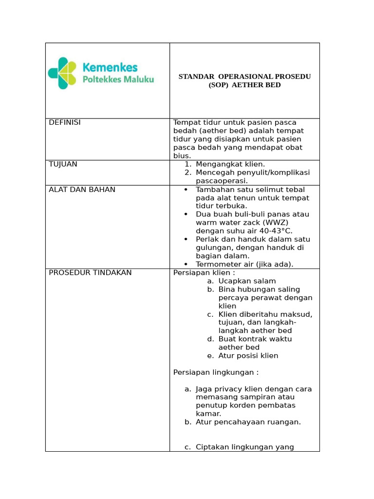 SOP Aether Bed untuk Pasien Pasca Bedah | PDF