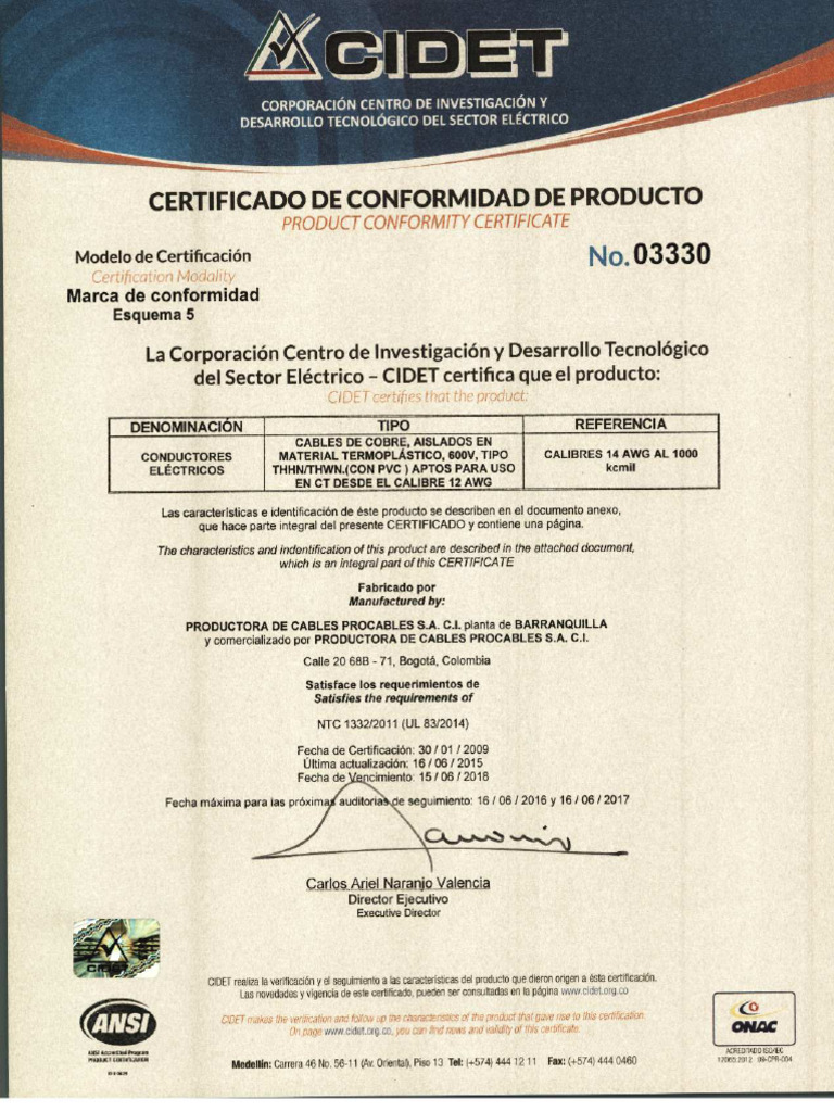 Certificación Cidet Cables Potencia2 | PDF
