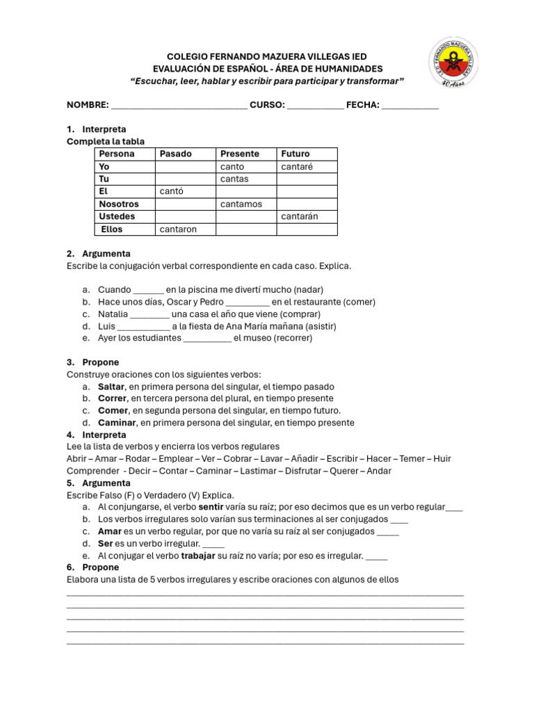 Evaluación de Verbos Segundo Periodo | PDF | Verbo | Relaciones sintácticas