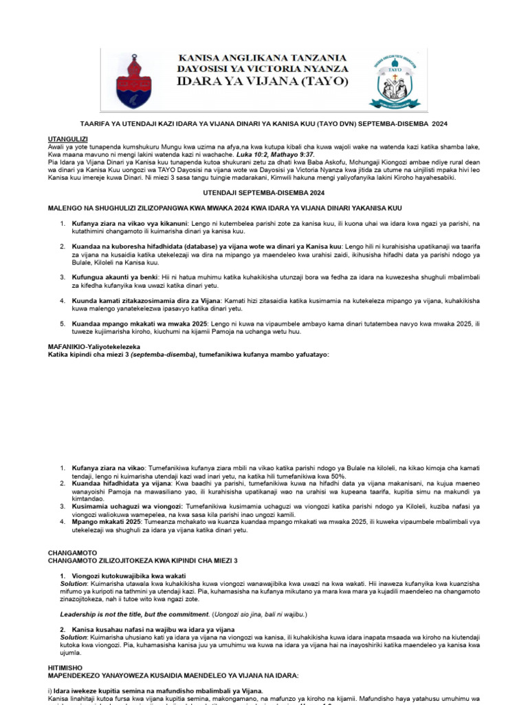Taarifa Ya Utendaji Kazi Idara Ya Vijana Dinari Ya Kanisa Kuu | PDF
