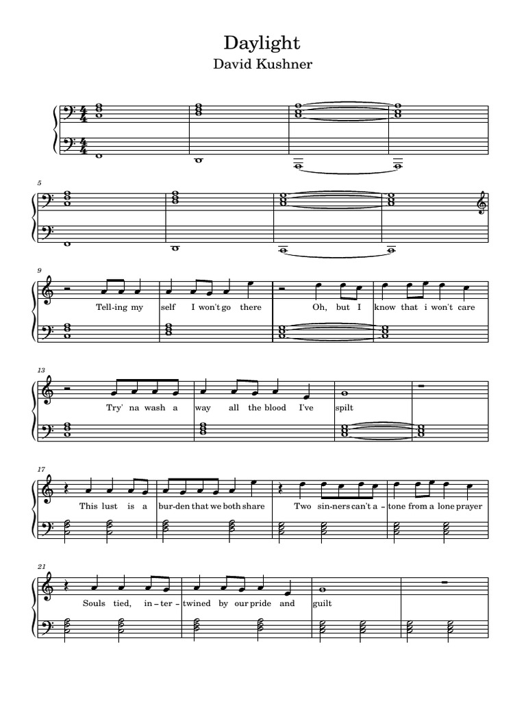 Daylight David Kushner - Easy Piano Arrangement | PDF