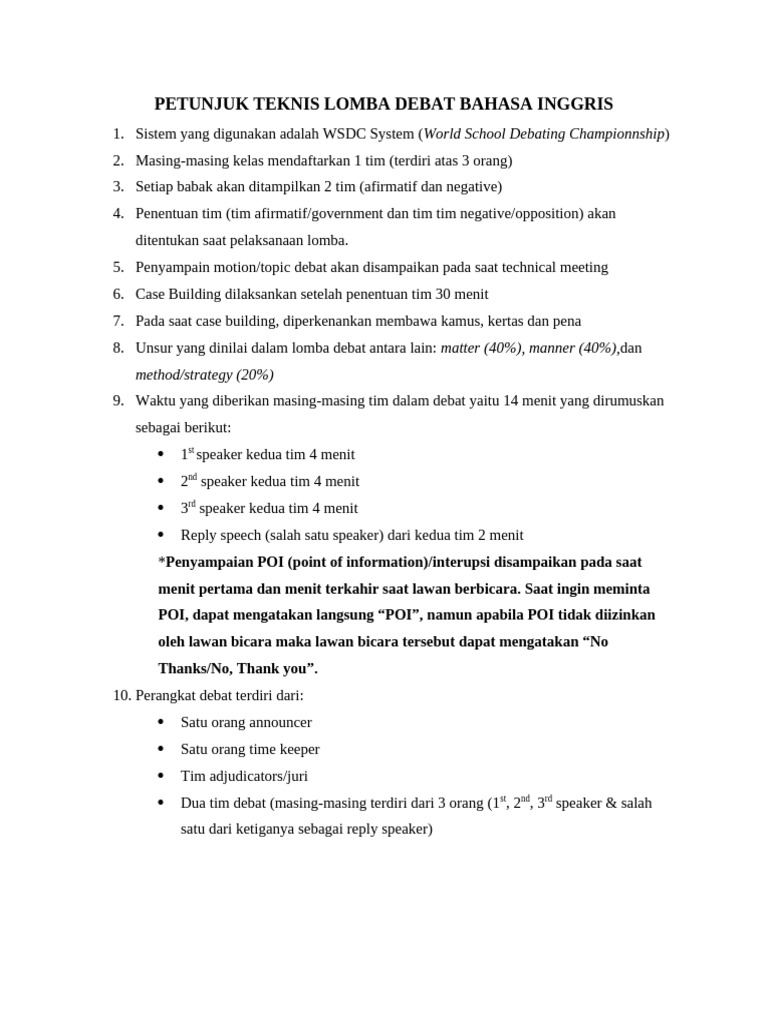 Petunjuk Teknis Lomba Debat Bahasa Inggris | PDF