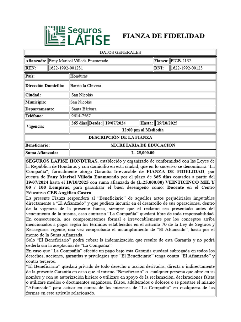 Solicitud Secretaria de Fianzas Fany Marisol Villeda Enamorado | PDF | Honduras