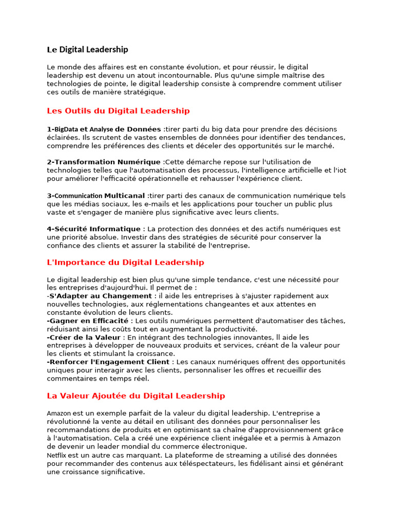 L'Essentiel du Digital Leadership | PDF | Direction | Business
