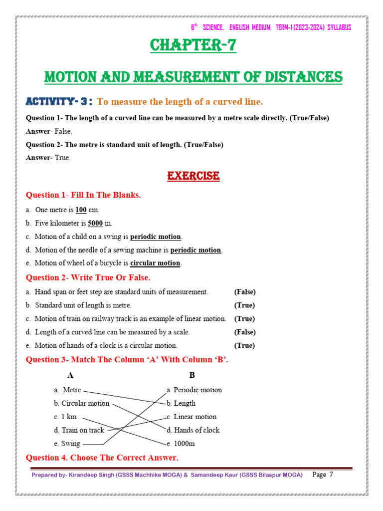 Measurement of Length and Motion Class 6 | PDF | Length | Units Of ...