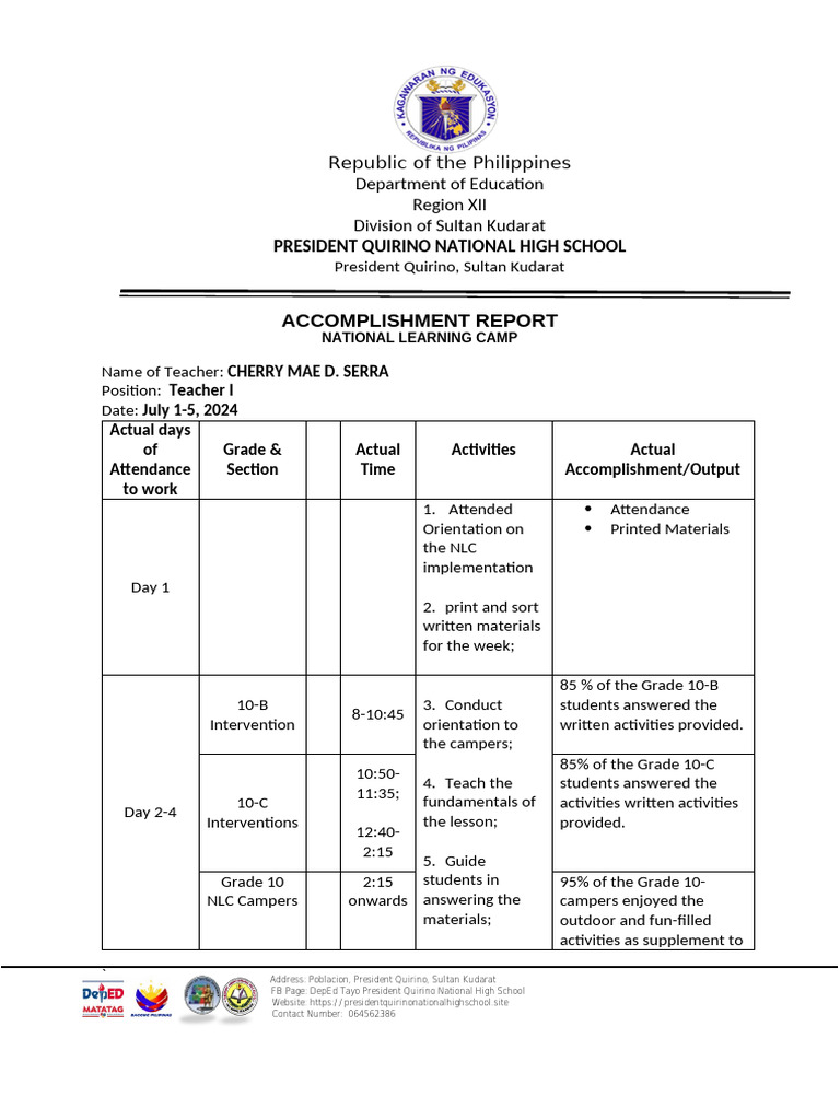 NLC ACCOMPLISHMENT Week 1 | PDF | Learning | Teaching