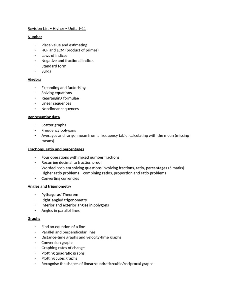 Y10 Mid Year Test Revision List - Higher - Units 1-11 | PDF | Area ...