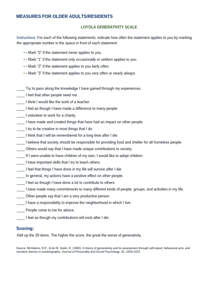 Loyola Generativity Scale | PDF