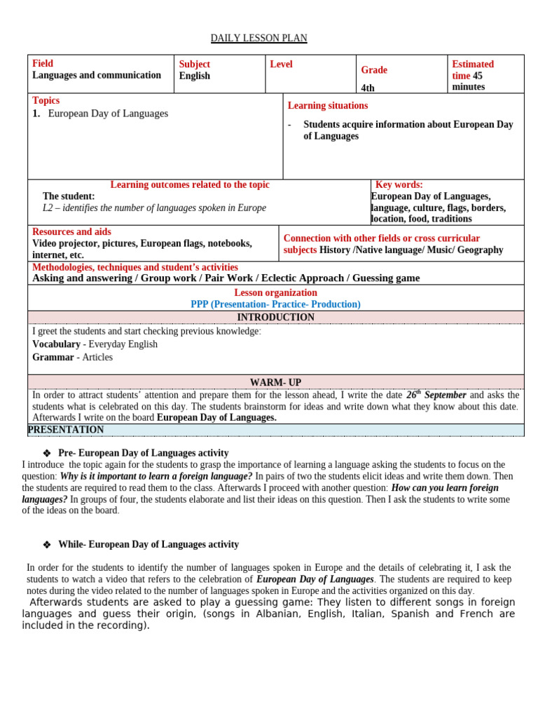 European Day of Languages Lesson Plan | PDF | Question | English Language