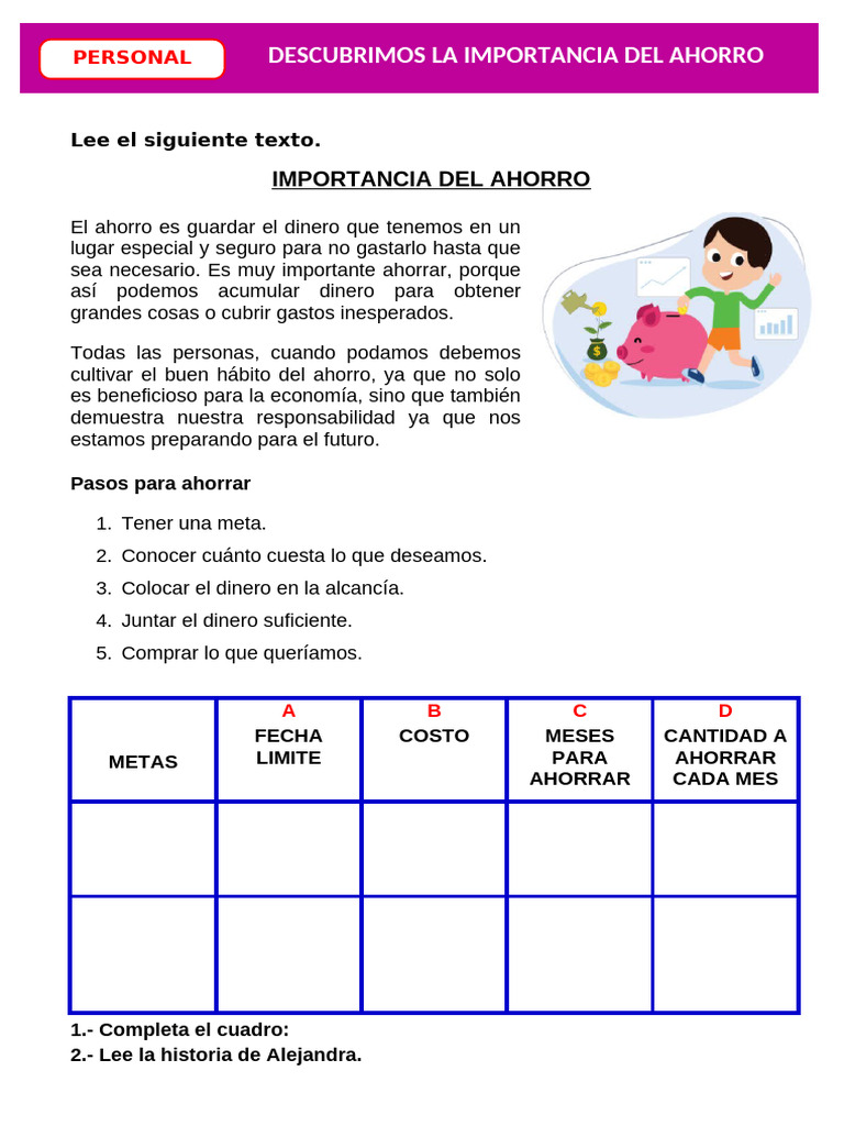 D1 A2 Ficha Ps. Descubrimos La Importancia Del Ahorro | PDF | Ahorro ...