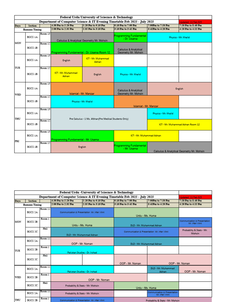 Evening Time Table Feb 25 - July 25 Ramadan | PDF | Mathematics