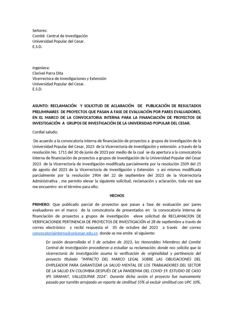 2 Reclamaciónde Proyectos VICE Grupo MMCHB | PDF | Plagio
