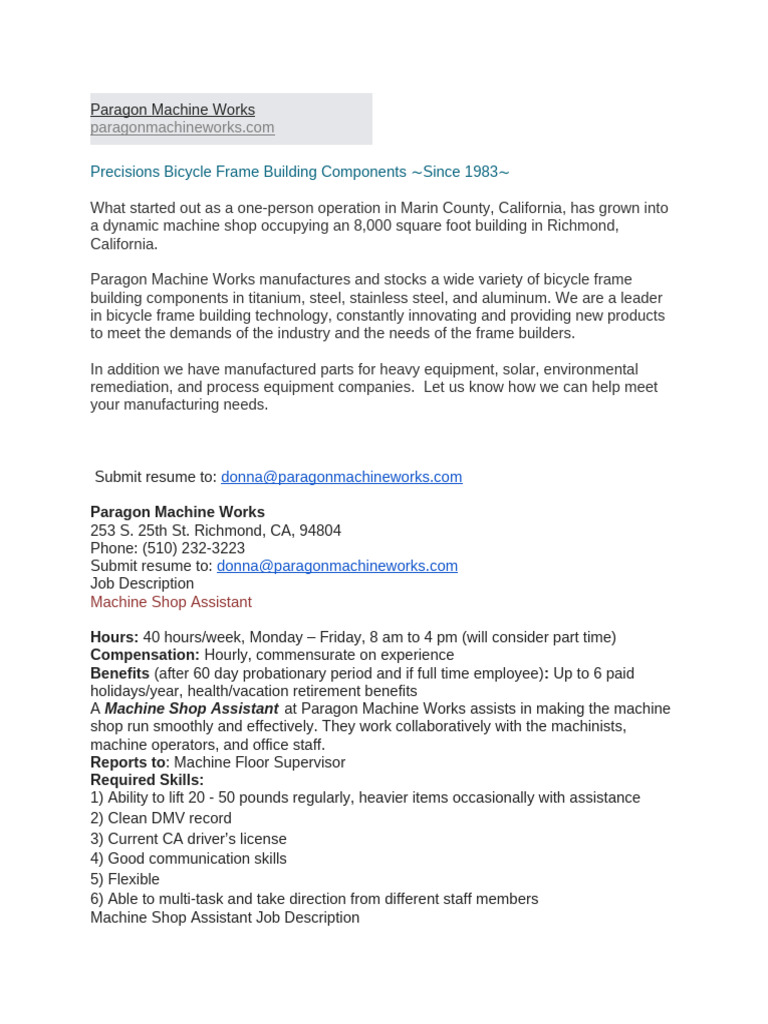 Machine Shop Assistant Paragon Machine Works | PDF | Scrap | Recycling