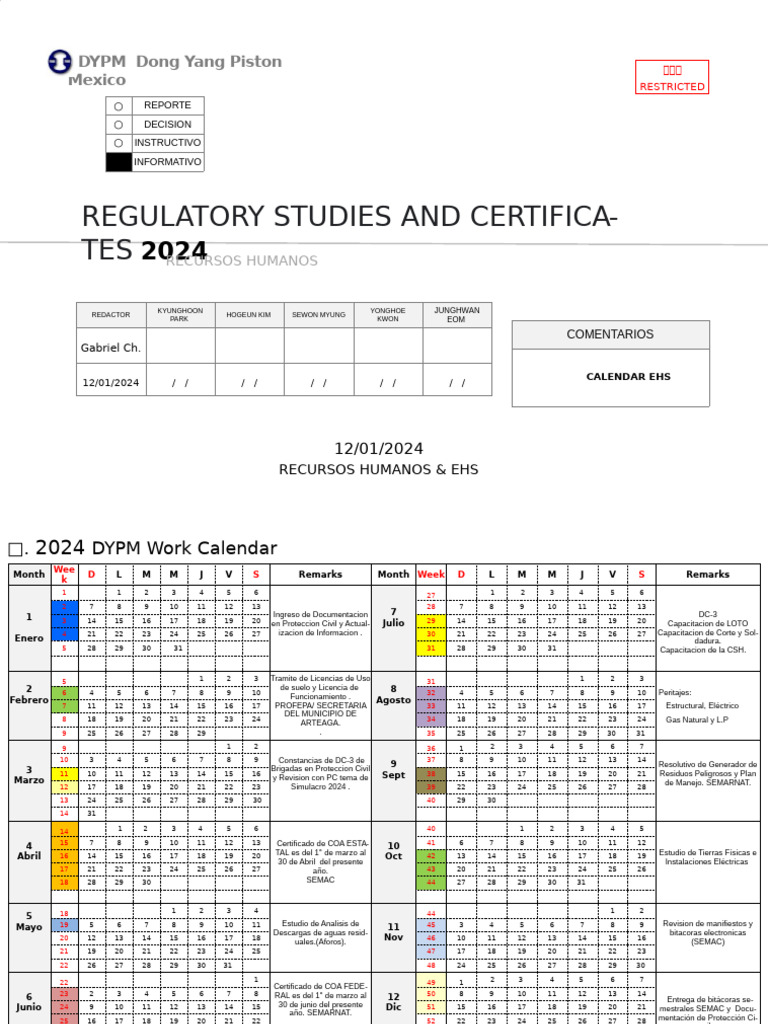 DYPM 2024 Work Calendar - EHS&S | PDF