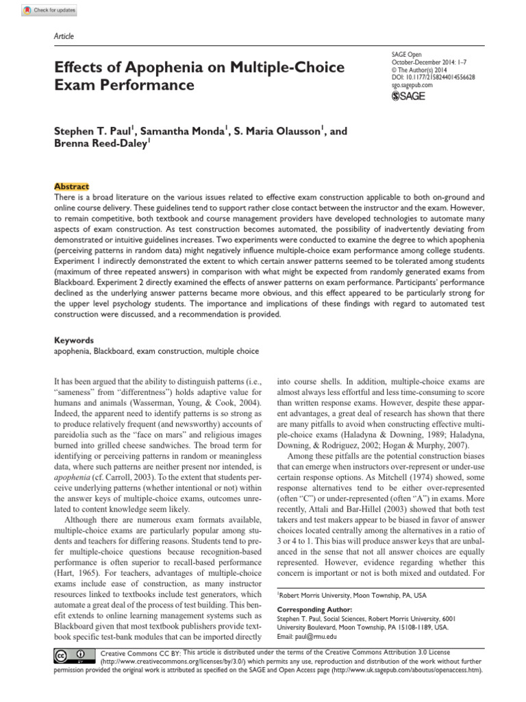 Apophenia and Multiple Choice Test Performance | PDF | Multiple Choice ...