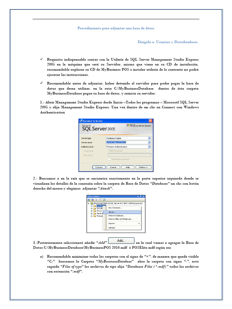 COMO ADJUNTAR UNA BASE DE DATOS | PDF | Servidor SQL de Microsoft ...