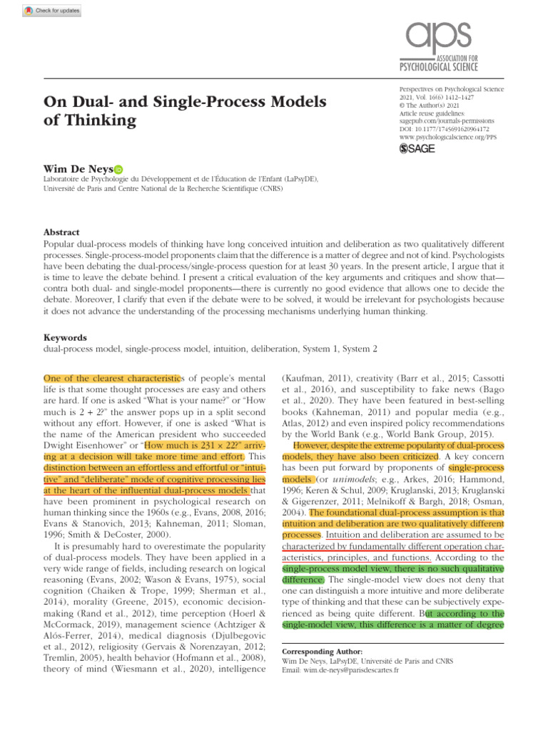 On Single and Dual Process Models of Thinking | PDF | Thought | Cognition