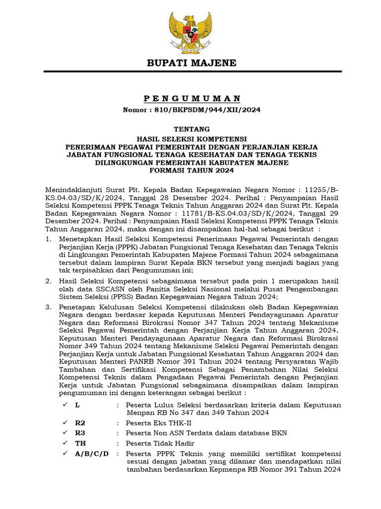 Pengumuman Hasil Selkom PPPK Nakes - Teknis 2024 Majene | PDF
