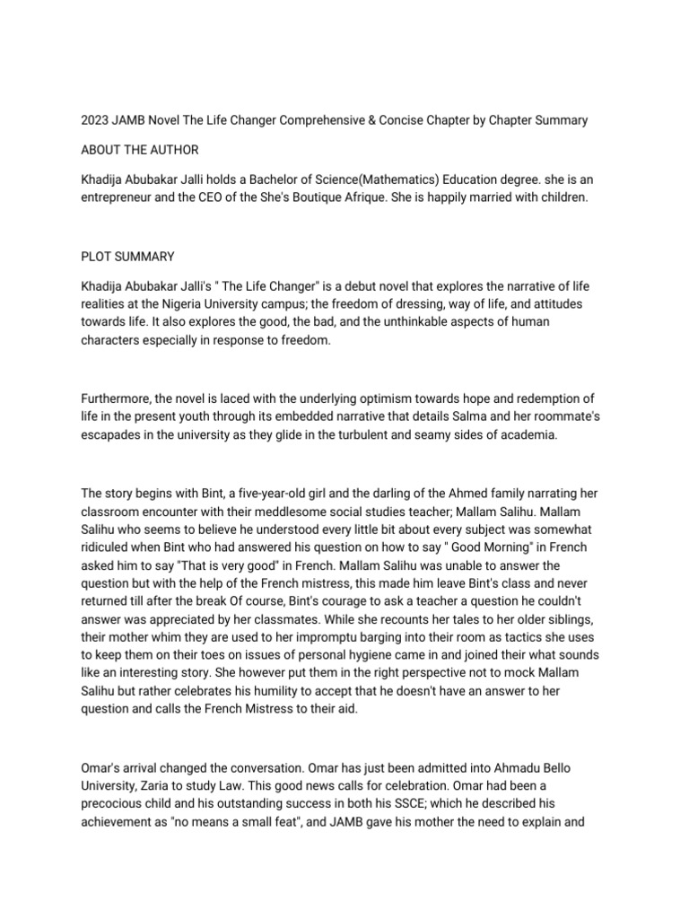The Life Changer: JAMB Novel Summary | PDF