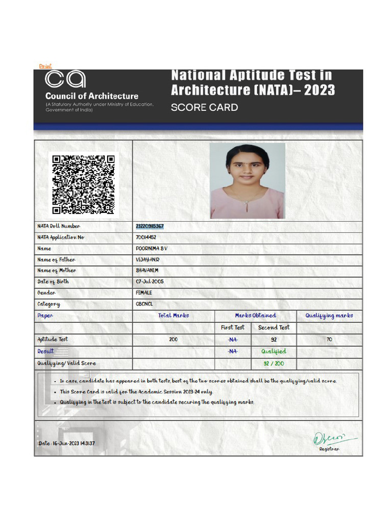 Nata Score Card | PDF