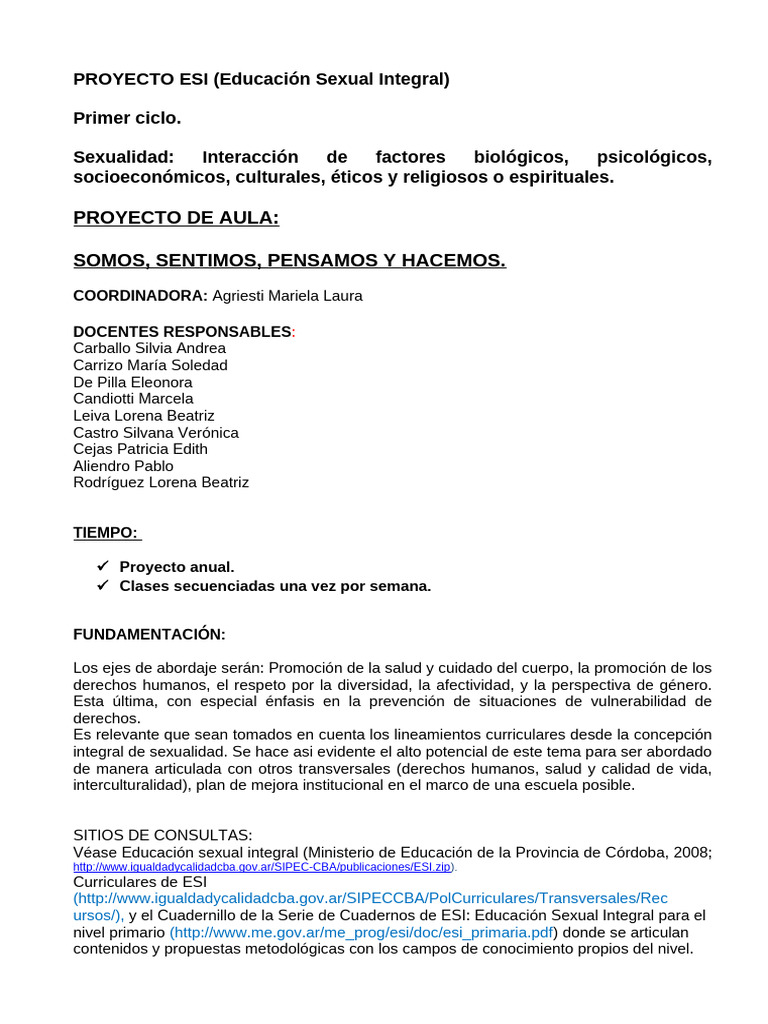 PROYECTO ESI 2024 Primer Ciclo. | PDF | Familia | Educación sexual