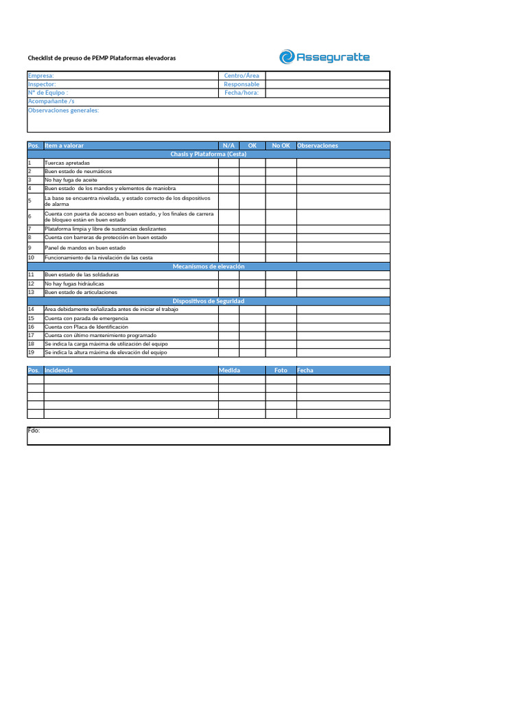 Checklist Preuso REDUCIDO PEMP Plataformas Elevadoras | PDF
