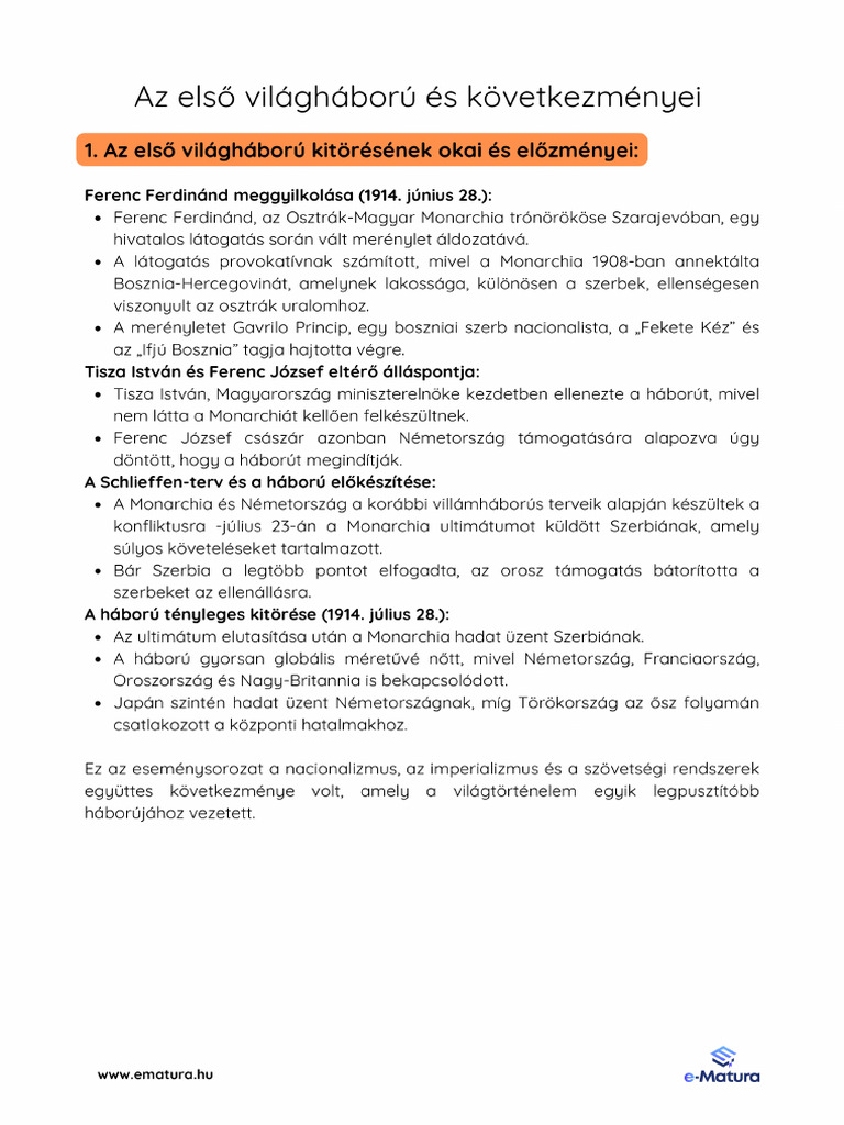 Az Elso Vilaghaboru Es Kovetkezmenyei Kidolgozott Szobeli Tetel 2 | PDF