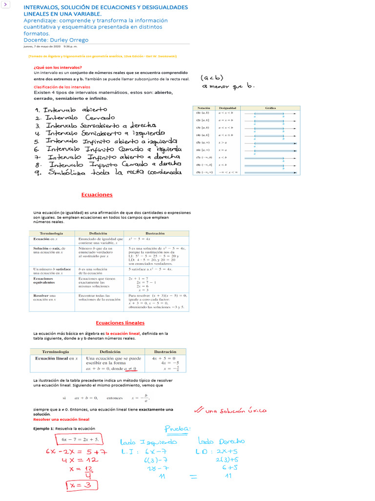 Escrito Intervalos y Ecuacion Lineal Con o Sin Valor Abs | PDF | Ecuaciones | Intervalo ...