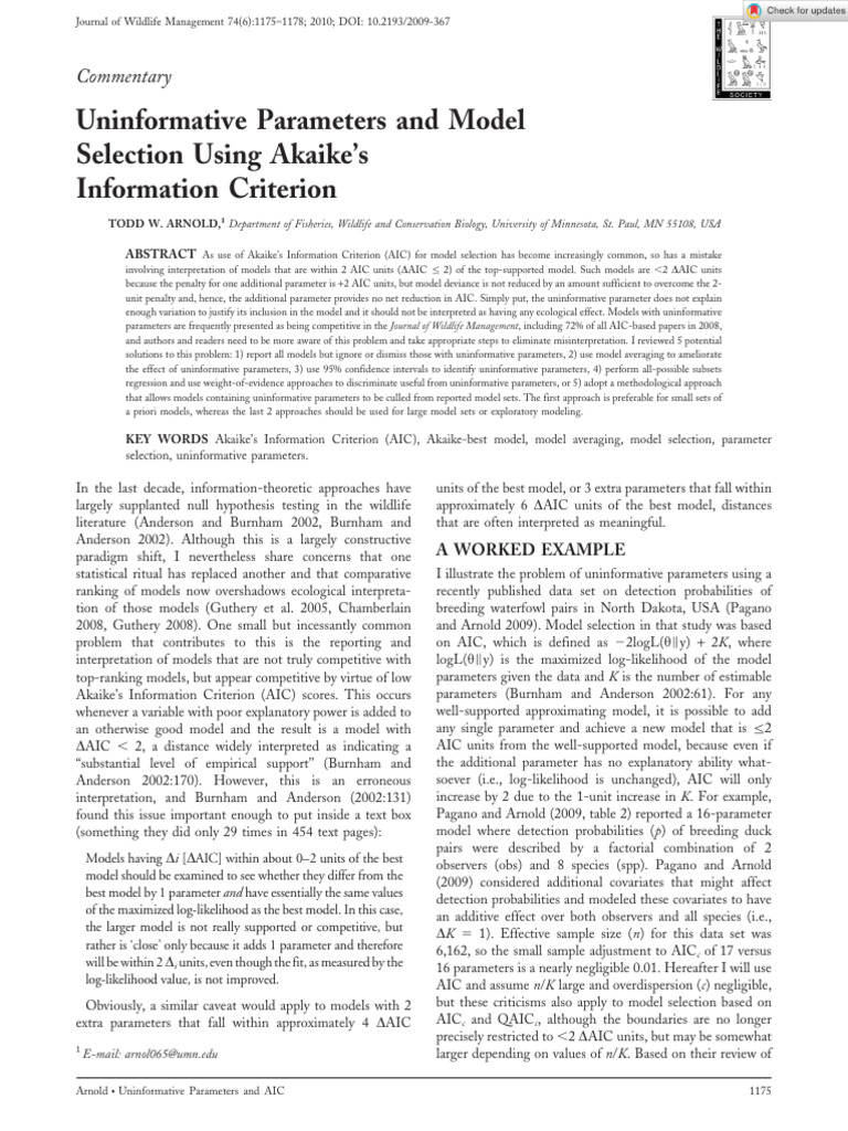 ARNOLD 2010 - Uninformative Parameters and Model Selection Using Akaike S Information Criterion ...
