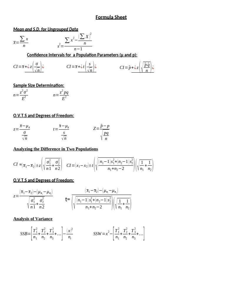STA 203 Formula Sheet Exam II FA23 | PDF | Probability And Statistics ...