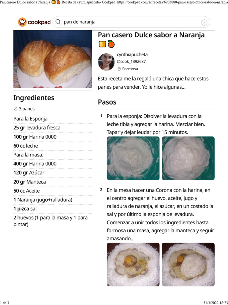 Pan Casero Dulce Sabor A Naranja ?? Receta de Cynthiapucheta - Cookpad ...