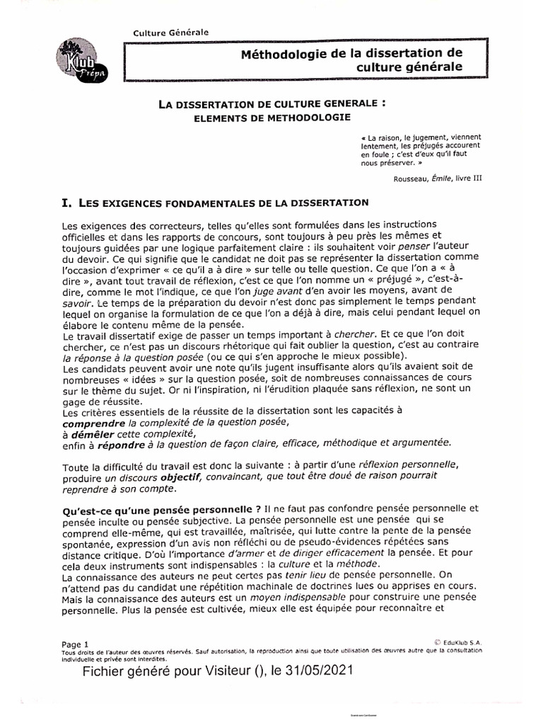 Méthodologie de La Dissertation de La Culture Générale | PDF