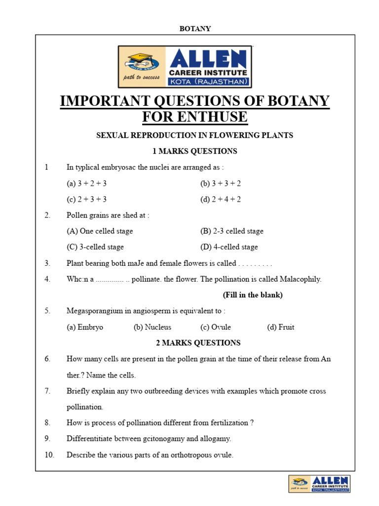 Important Questions of Botany | PDF | Dominance (Genetics) | Dna