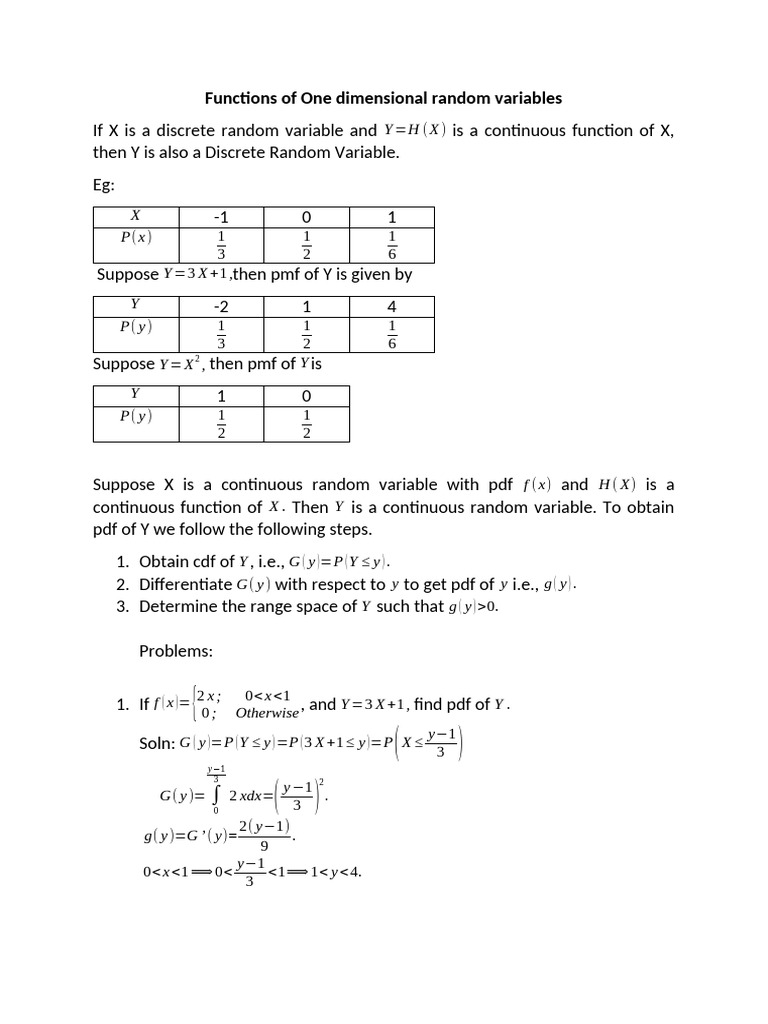Functions of One Dimensional Random Variables | PDF | Probability Density Function | Random Variable