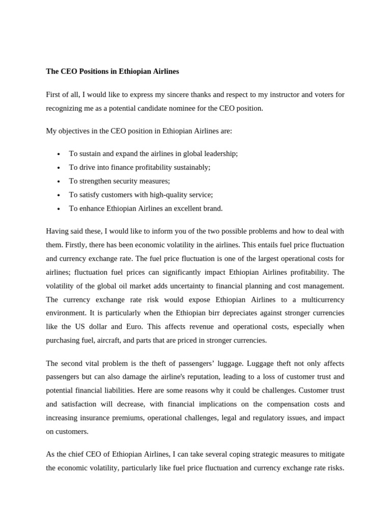 The CEO Positions in Ethiopian Airlines | PDF | Hedge (Finance) | Economies