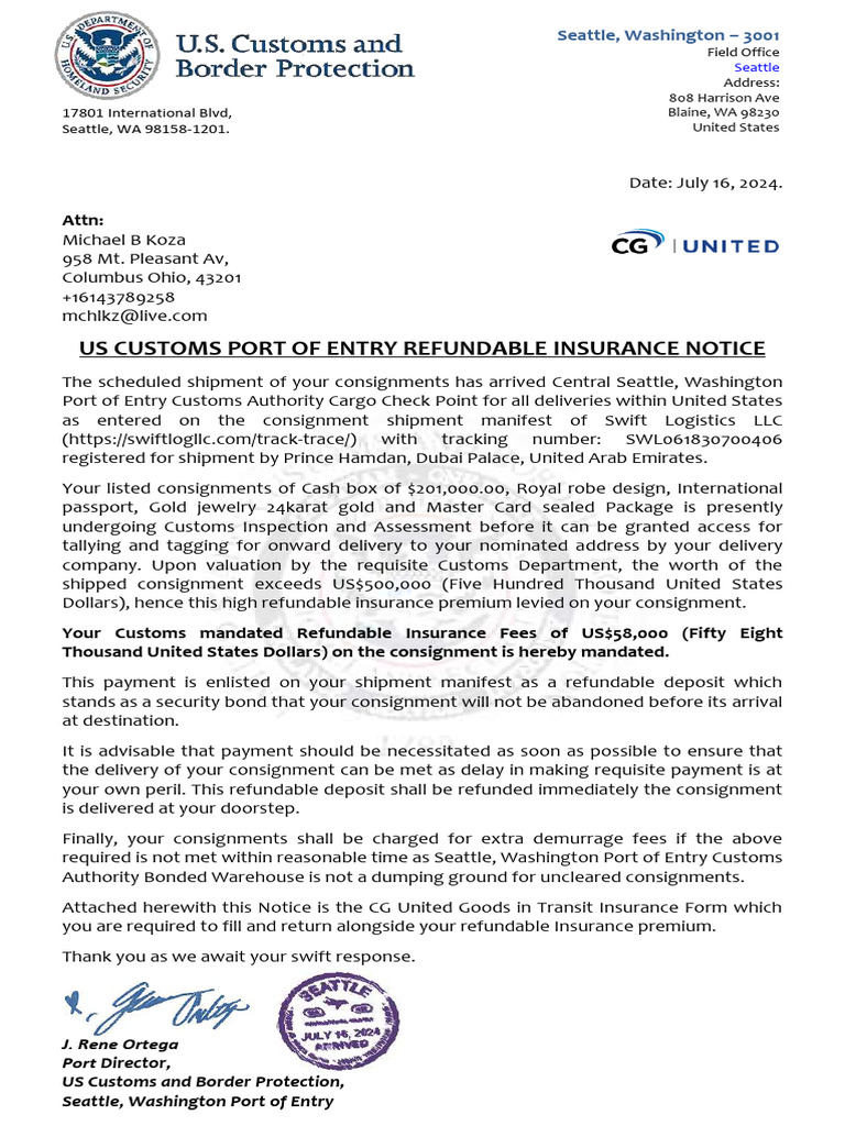 US Customs Insurance Notice Seattle Washington | PDF | Customs
