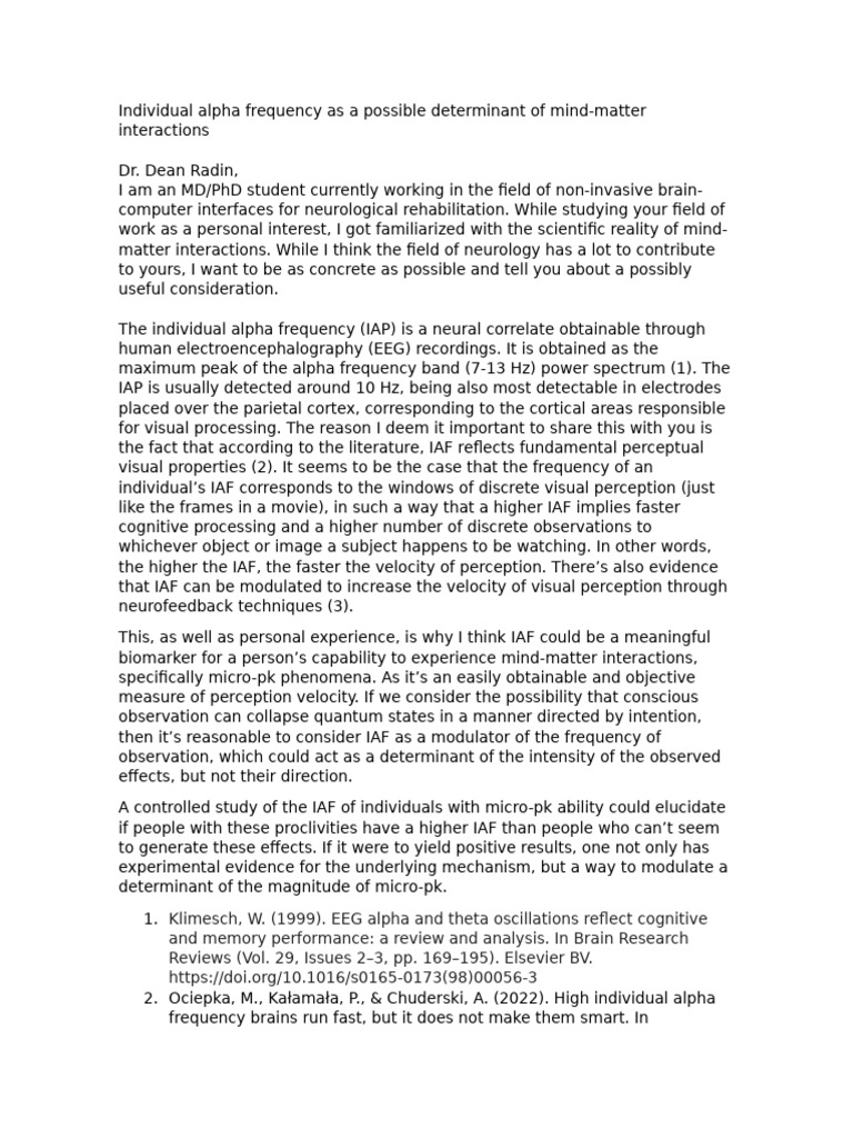 Individual Alpha Frequency and Mind-Matter Interactions | PDF ...