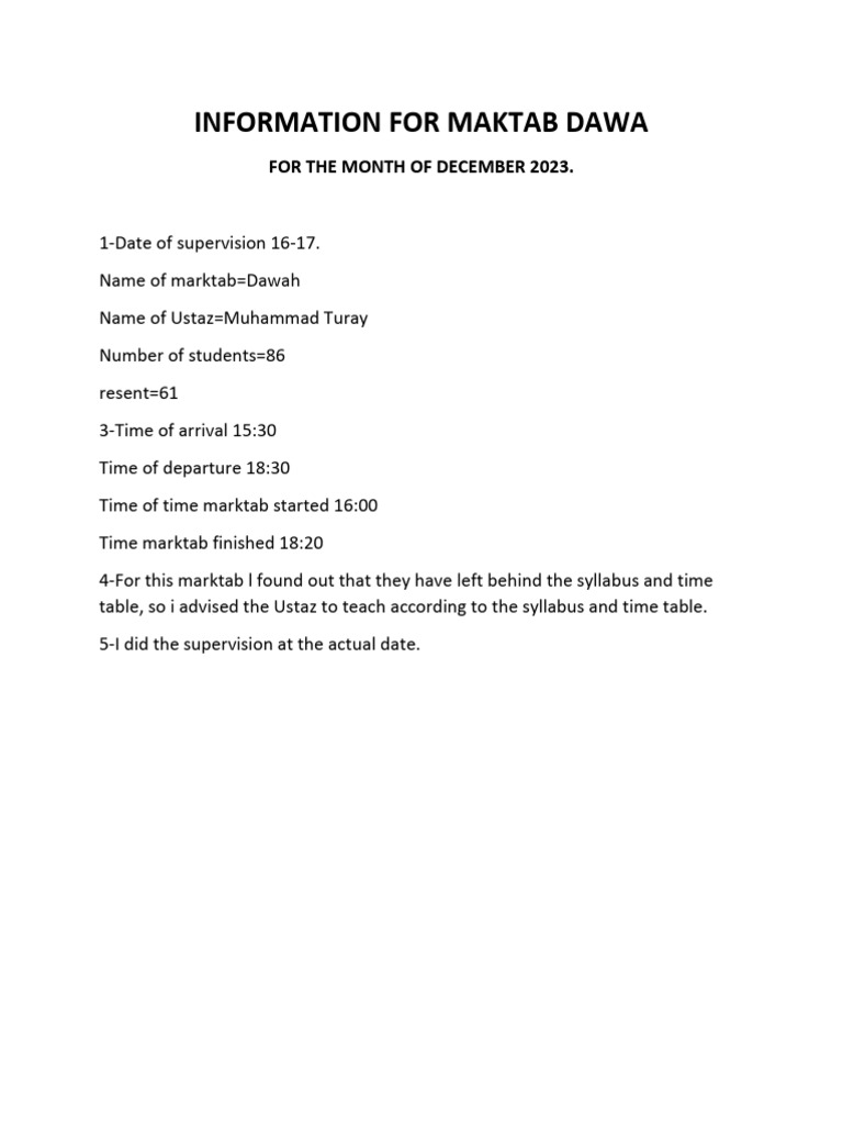 Information For Maktab Dawa | PDF