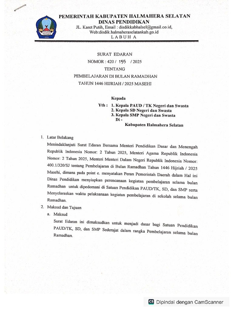 Surat Edaran Disdik Tentang Pembelajaran Di Bulan Ramadhan 1446 H - 2025 M | PDF