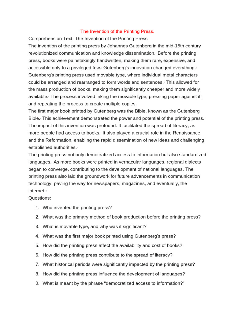 The Invention of the Printing Press | PDF | Printing Press | Johannes ...