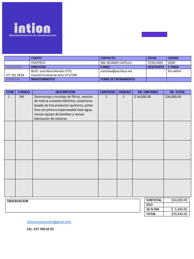 Cotizacion Intion Torre de Enfriamiento | PDF