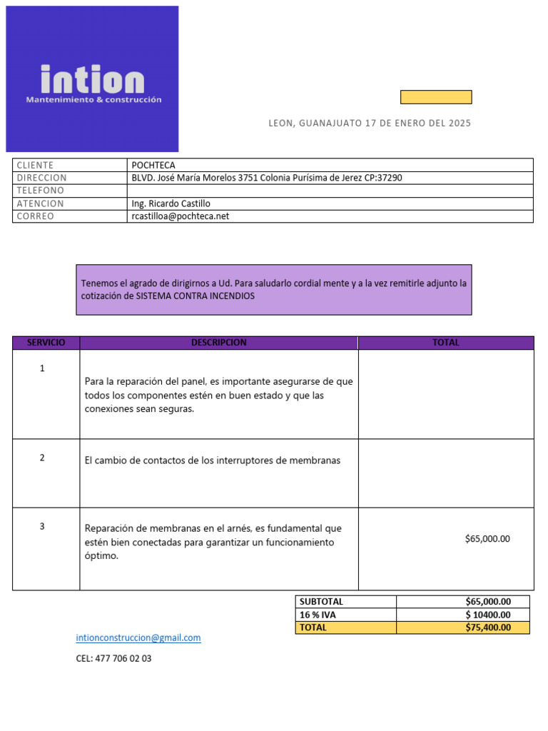 Cotizaciones Intion Sistema Contra Incendios | PDF